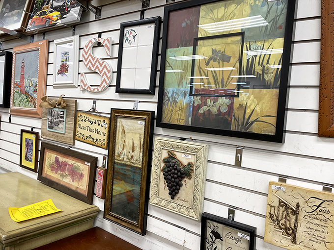 Wall art and signs offering life advice that was probably more relevant when gas cost thirty cents a gallon.