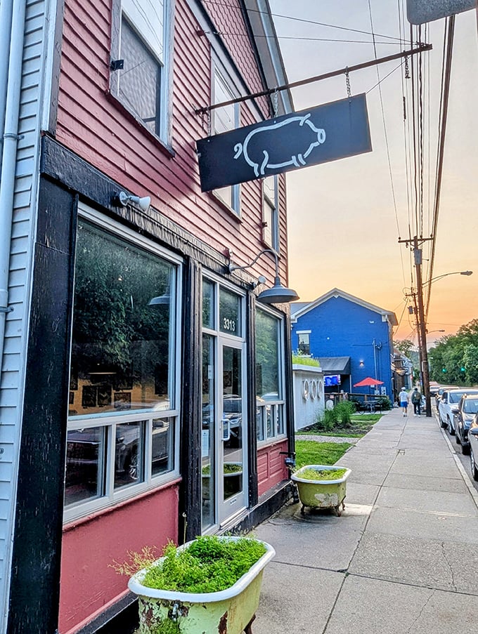 That simple pig sign against the sunset says everything you need to know. No fancy neon needed when your barbecue speaks for itself.