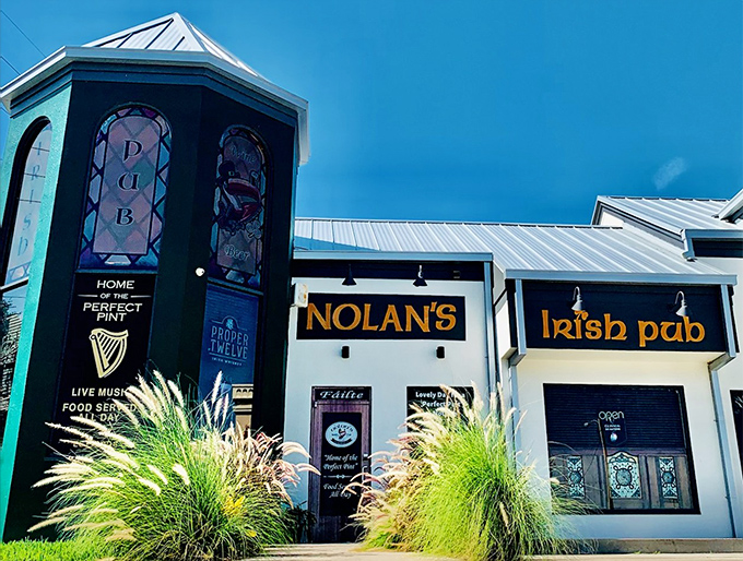 Against the brilliant blue Florida sky, Nolan's distinctive green tower stands like a lighthouse, guiding thirsty travelers to safe harbor and shepherd's pie.