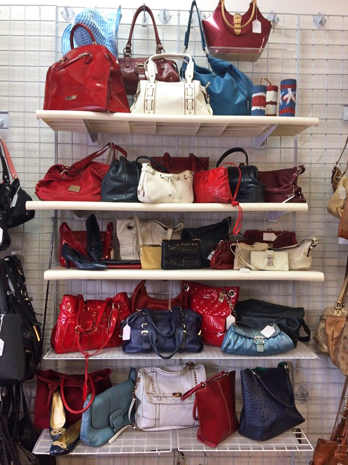 A color-coordinated wall of handbag potential. Like a candy store for grown-ups, but these treats won't rot your teeth.