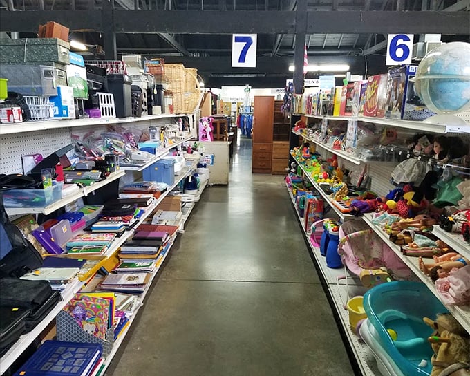 The toy aisle: where childhood memories are recycled and reborn. That globe has probably spun through more geography lessons than we can count.