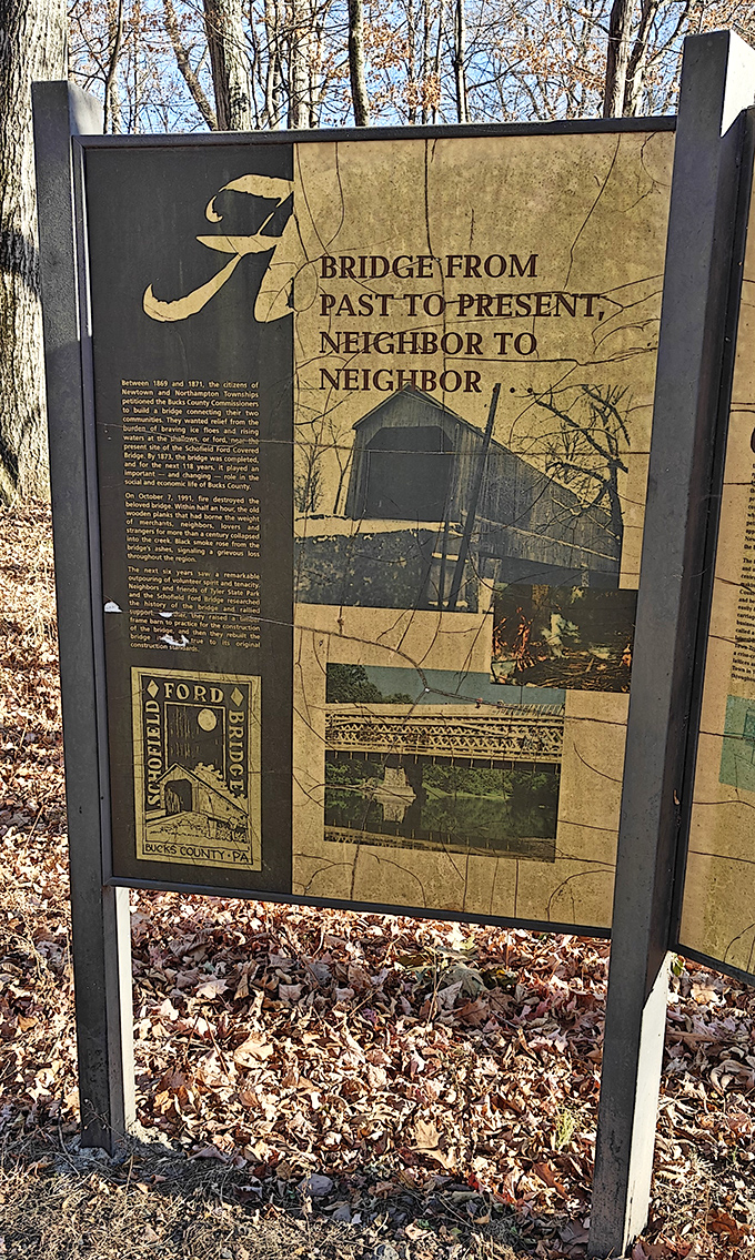 Stories set in wood: This interpretive sign connects past to present, telling tales of a time when bridges were more than just ways to cross water.