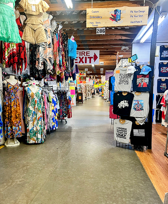 Fashion alley beckons with tropical prints and custom embroidery options&mdash;because nothing says "Florida" quite like a personalized souvenir t-shirt.