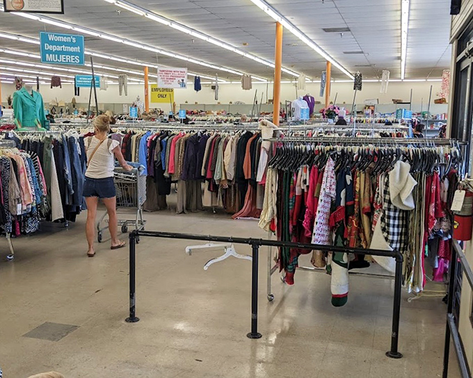 The women's department beckons with racks of potential. Each hanger holds someone's past fashion choice waiting for its second act.