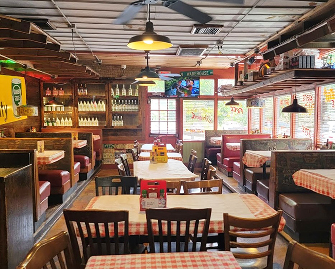 Red booths, wooden tables, and checkered tablecloths&mdash;the holy trinity of roadhouse dining, executed with the confidence of a place that knows its identity.