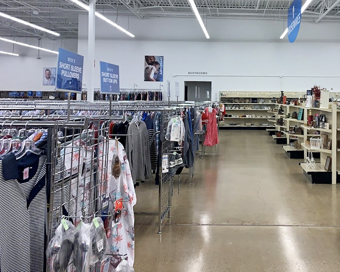 Wide aisles and clear signage&mdash;the luxury car experience of thrift stores. No treasure hunting in cramped corners here; this is bargain shopping with dignity.