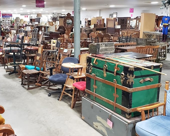 Vintage trunks and wooden chairs create a forest of furniture possibilities&mdash;each piece with stories to tell and new memories waiting to be made.