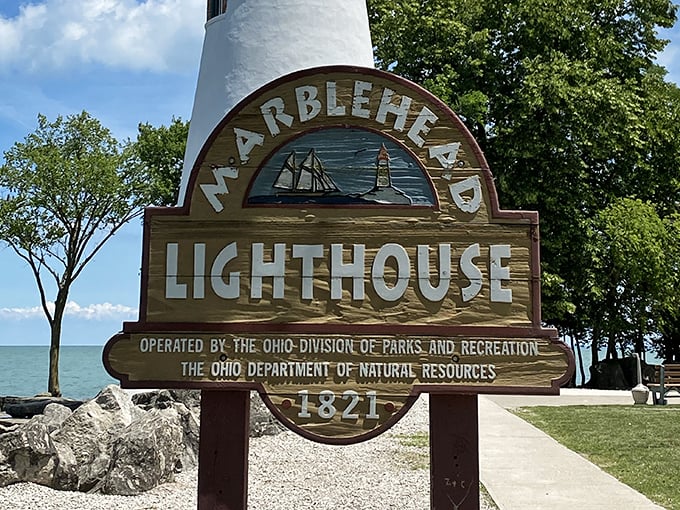 This sign tells the lighthouse's story, though the tower itself speaks volumes without saying a word.