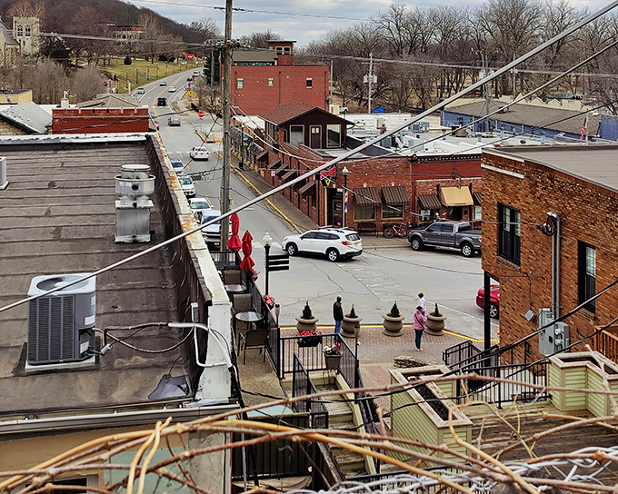 This view toward Park University reveals Parkville's natural amphitheater setting &ndash; a town that literally rises to the occasion with hillside charm.