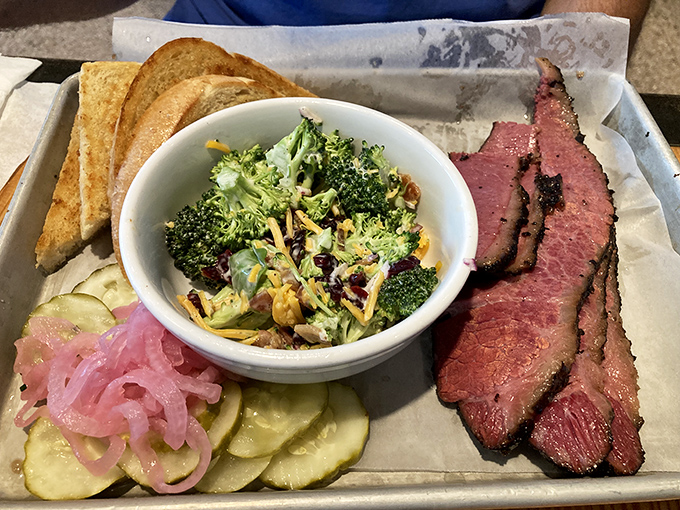 A meat platter that hits all the right notes&mdash;smoke, acid, freshness, and carbs. The broccoli salad is there to make you feel virtuous while indulging.