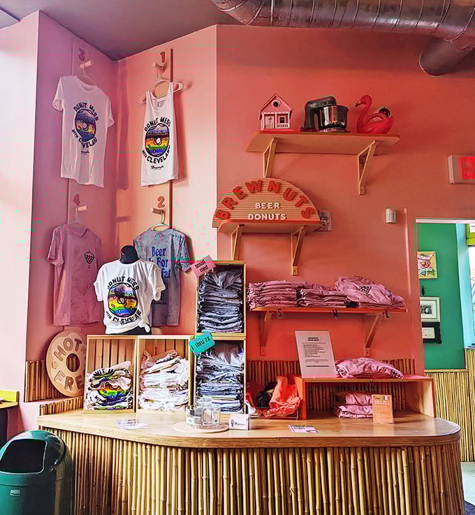 Merchandise corner offers t-shirts and tanks for those who want to wear their donut devotion. The flamingo approves of your life choices.