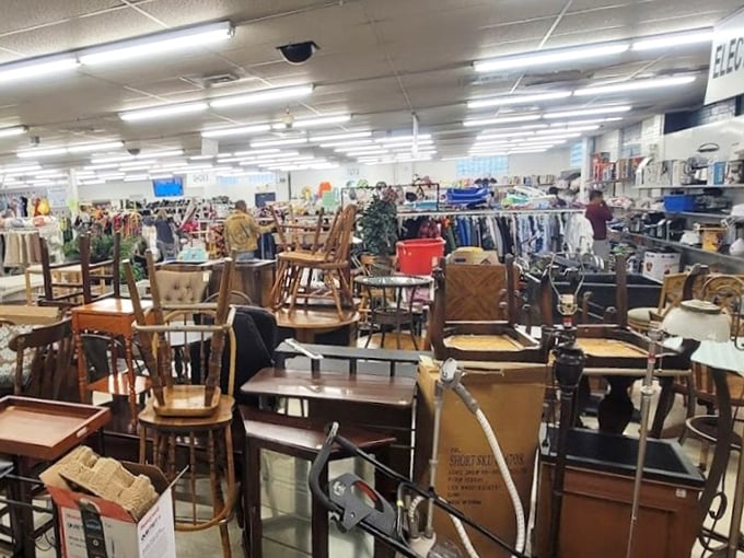 Furniture purgatory: where dining sets and accent chairs wait for their second chance at domestic bliss. One person's castoff is another's heirloom-to-be.