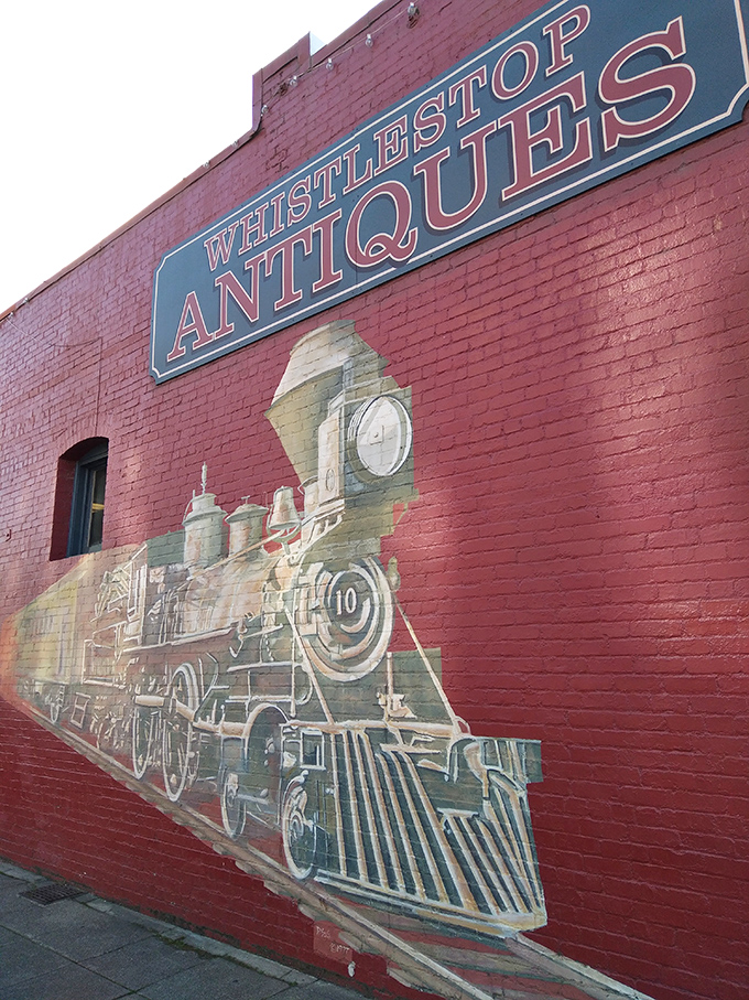 The detailed locomotive mural on the building's exterior pays homage to Santa Rosa's railroad heritage and the store's fitting name.