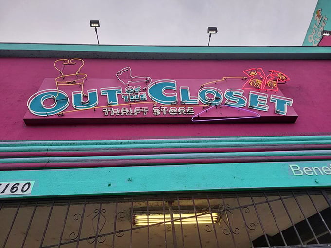 The neon sign glows like a beacon for bargain hunters, promising both treasures inside and a mission that extends beyond commerce.