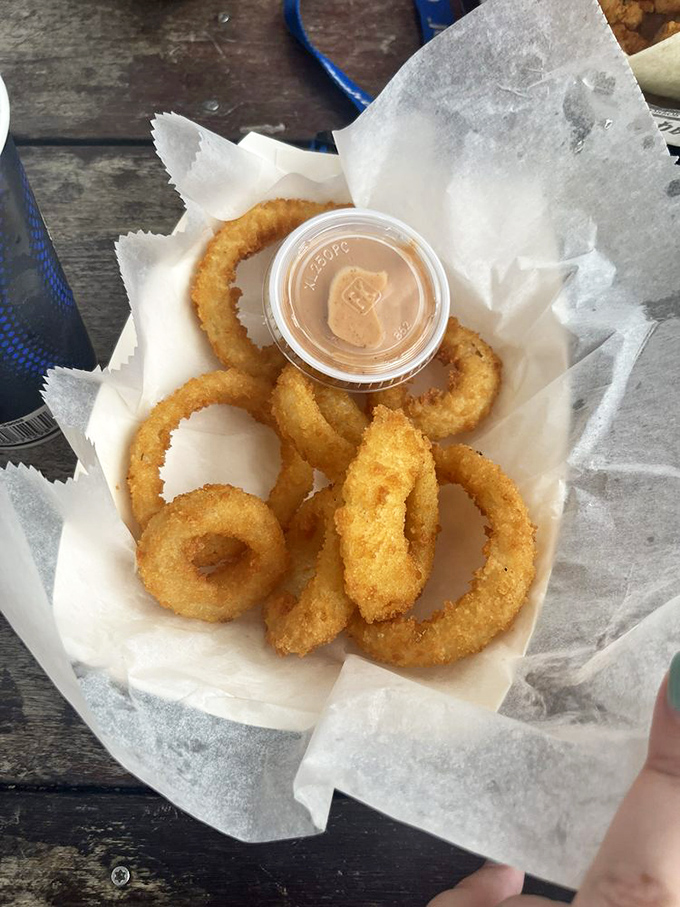 Onion rings so perfectly golden, they could double as life preservers in a delicious emergency.