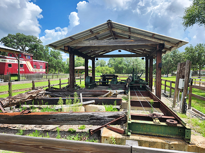 This open-air sawmill exhibit showcases the crucial relationship between logging, lumber, and the railroads that built modern Florida.