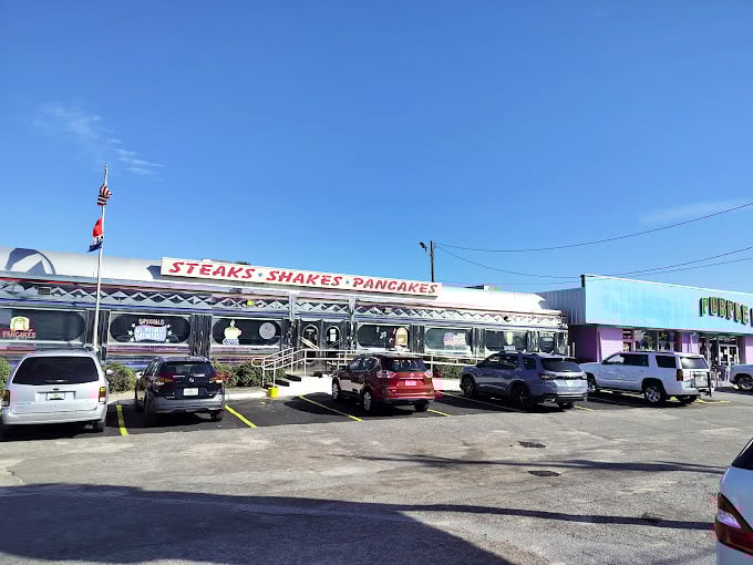 From this angle, the diner looks like a silver bullet of nostalgia parked permanently along the Panama City Beach strip, drawing in hungry time-travelers daily.