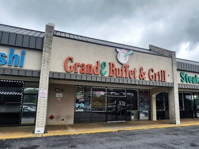 Even on cloudy days, GrandE Buffet & Grill's sign serves as a beacon for hungry travelers seeking all-you-can-eat salvation in Laurel.