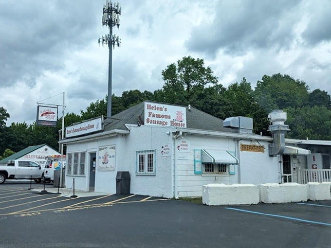 From this angle, you can almost smell the sausage cooking inside&mdash;the white building practically glows with breakfast potential.