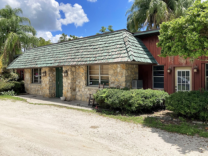 From this angle, the stone and wood exterior looks like it's been standing forever, waiting patiently for you to discover it.