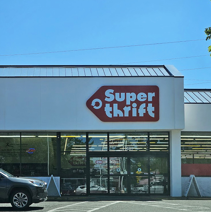 The iconic red and white SuperThrift sign serves as a beacon for bargain hunters throughout Oregon City.