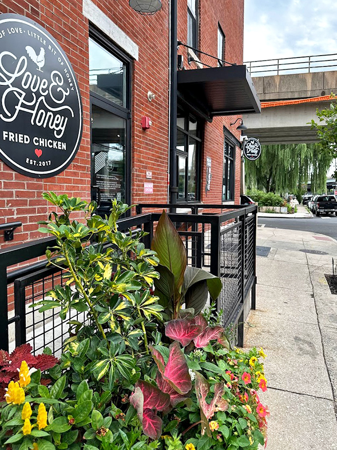 The welcoming entrance, complete with colorful plantings, invites you in for a meal that feels like coming home&mdash;if home had incredible fried chicken.