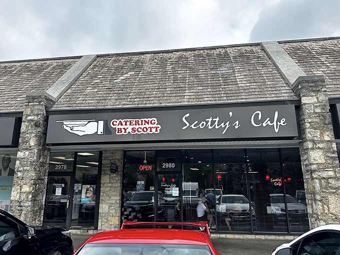 Even on cloudy days, Scotty's stone facade and welcoming signage stand ready to rescue hungry travelers from the terrible fate of settling for fast food.