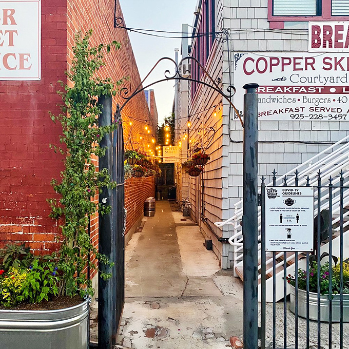 This narrow passageway between brick buildings transforms into a magical entrance corridor, promising delicious rewards for those who venture through.