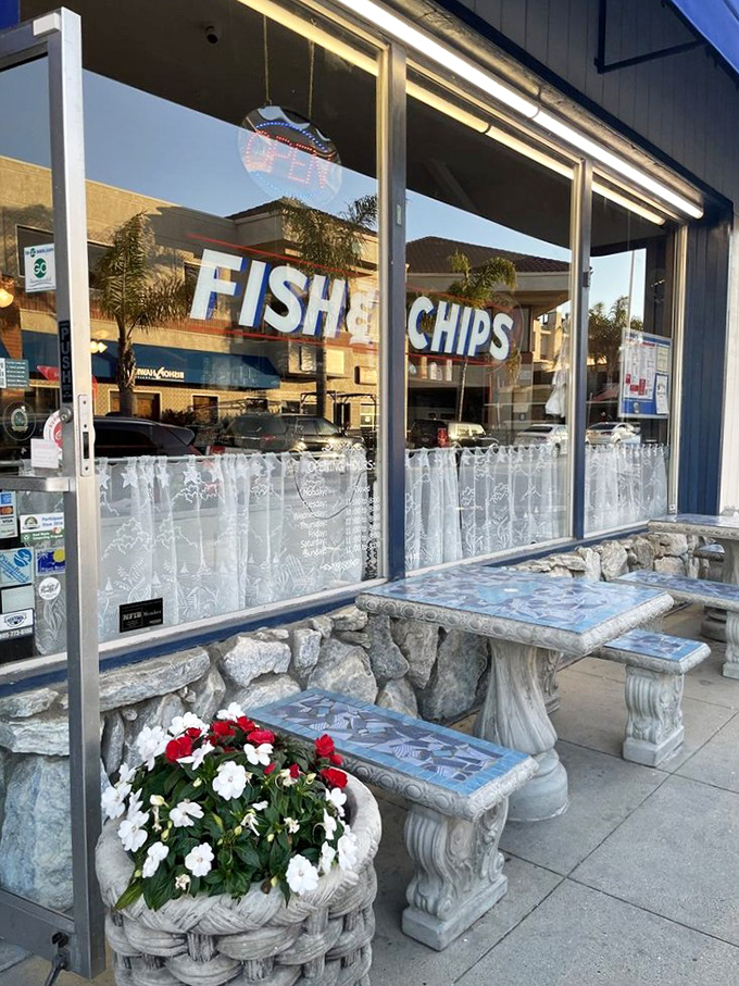 Stone benches outside offer the perfect spot to digest your feast while planning your inevitable return.