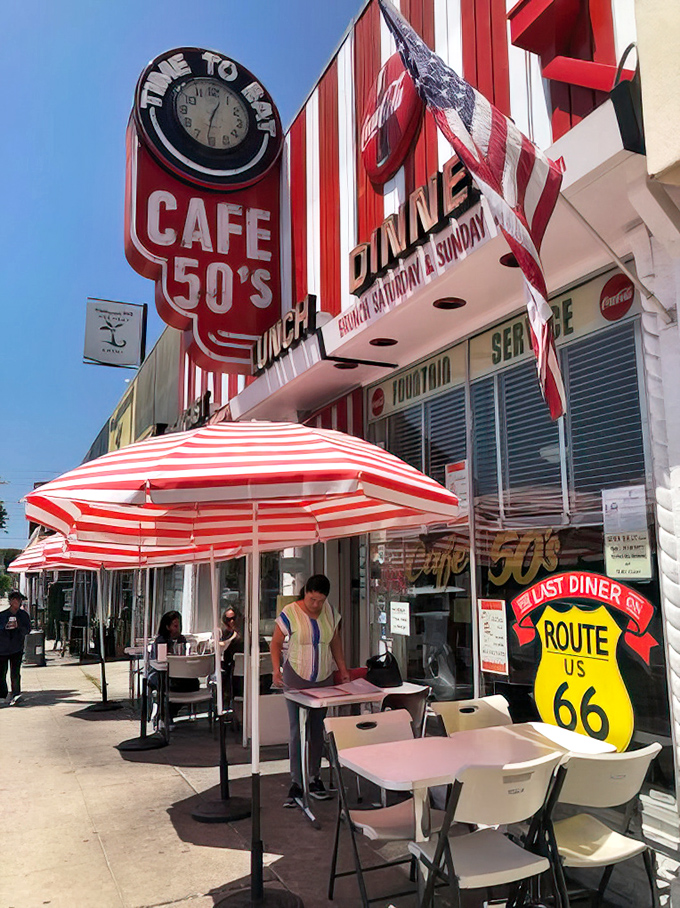 Al fresco dining under striped umbrellas brings that perfect California sunshine to your comfort food experience.
