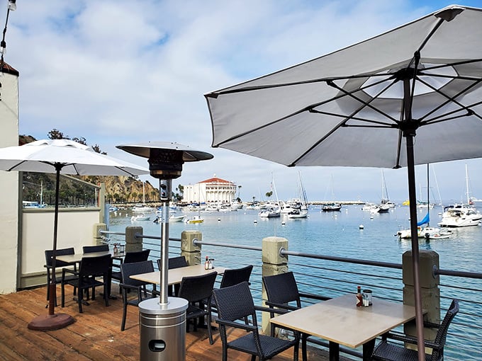 The patio view that makes you wonder why you ever eat indoors. Those boats aren't just scenery&mdash;they're your dining companions at Catalina's waterfront gem.