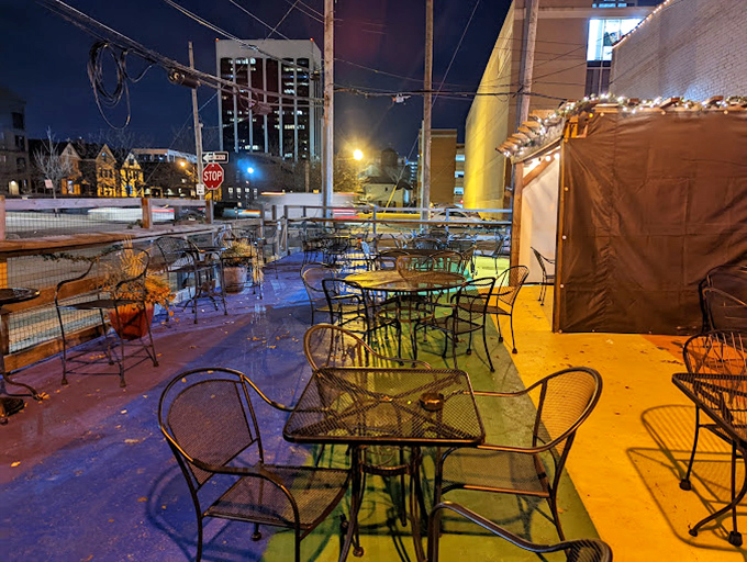 The outdoor patio offers urban dining under the stars. Columbus nights were made for pizza al fresco and conversations that stretch into tomorrow.