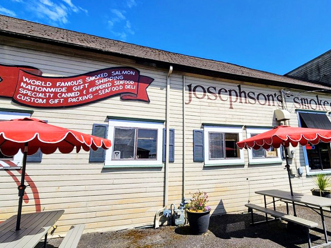 Red awnings and picnic tables offer a spot to immediately devour your smoky treasures &ndash; because sometimes the car is just too far away when hunger strikes.