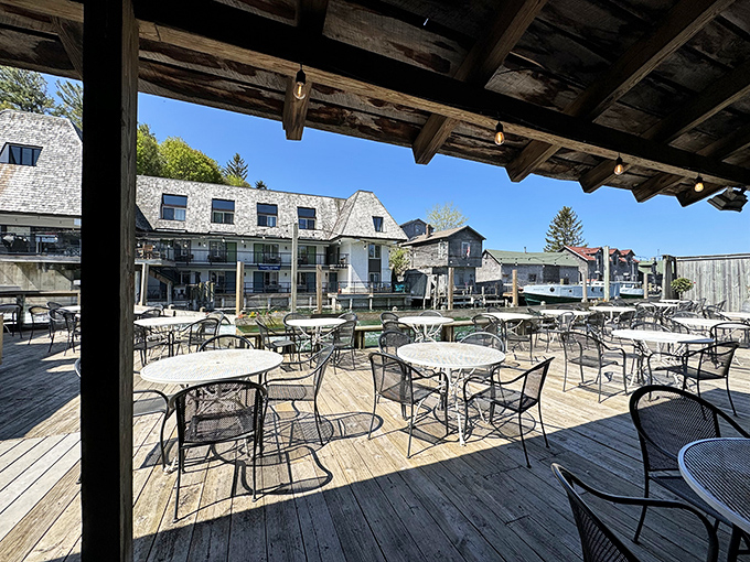 Outdoor dining with a view that no interior designer could ever replicate. Mother Nature and Lake Michigan collaborated on this masterpiece of a backdrop.