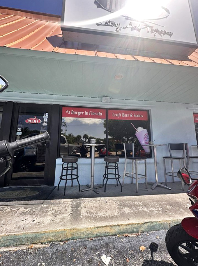 Even paradise needs outdoor seating. These stools offer the perfect perch for people-watching while waiting for your burger masterpiece.