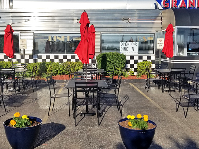 The outdoor seating area offers fresh air with your fresh coffee&mdash;red umbrellas standing guard against the Michigan sun while you enjoy your feast.