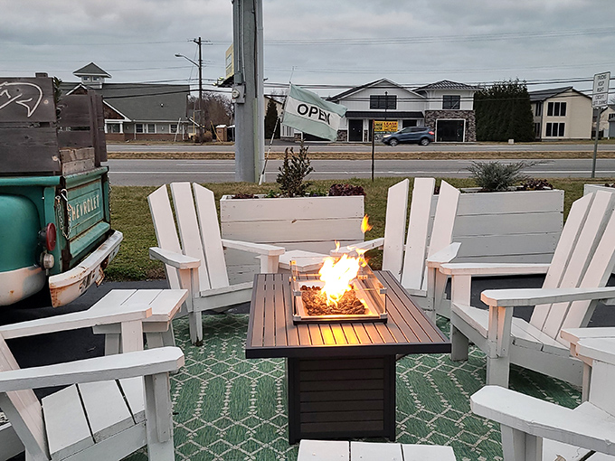Adirondack chairs around a fire table create the perfect post-dinner gathering spot. Because the only thing better than seafood is seafood followed by fireside conversation.