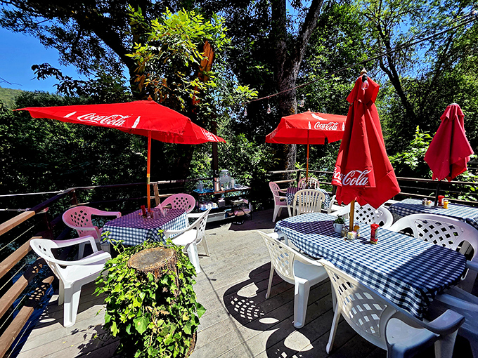 The outdoor patio&mdash;where Coca-Cola umbrellas provide shade while you enjoy your meal with a side of Oregon scenery.