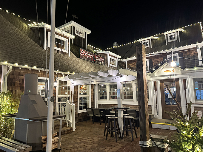 As day turns to night, the outdoor dining area transforms into a twinkling oasis&mdash;perfect for savoring seafood under the stars.