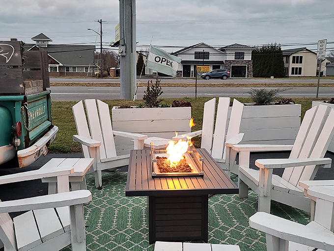 Those Adirondack chairs around the fire pit aren't just seating&mdash;they're an invitation to linger and digest while watching the sunset.