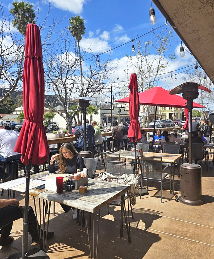 Outdoor dining under California blue skies and string lights. Wine country breezes make everything taste 20% better &ndash; it's science.
