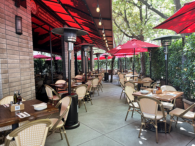 The outdoor patio, shaded by crimson umbrellas, offers al fresco dining that makes you forget you're in downtown LA and not a piazza in Florence.