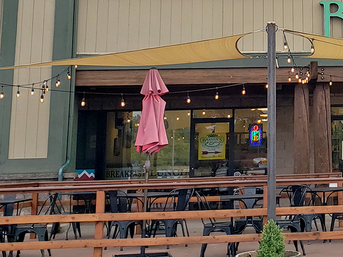 The outdoor seating area, where string lights and mountain air elevate your pancake experience from "delicious" to "why don't I live here already?"