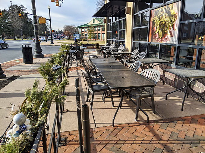 Outdoor seating that beckons when Pennsylvania weather cooperates. Fresh air makes everything taste better, especially when paired with people-watching.