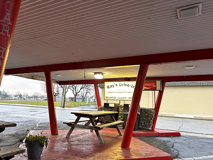Picnic tables under the distinctive red-pillared canopy offer al fresco dining with a side of nostalgia&mdash;the perfect setting for tenderloin memories in the making.