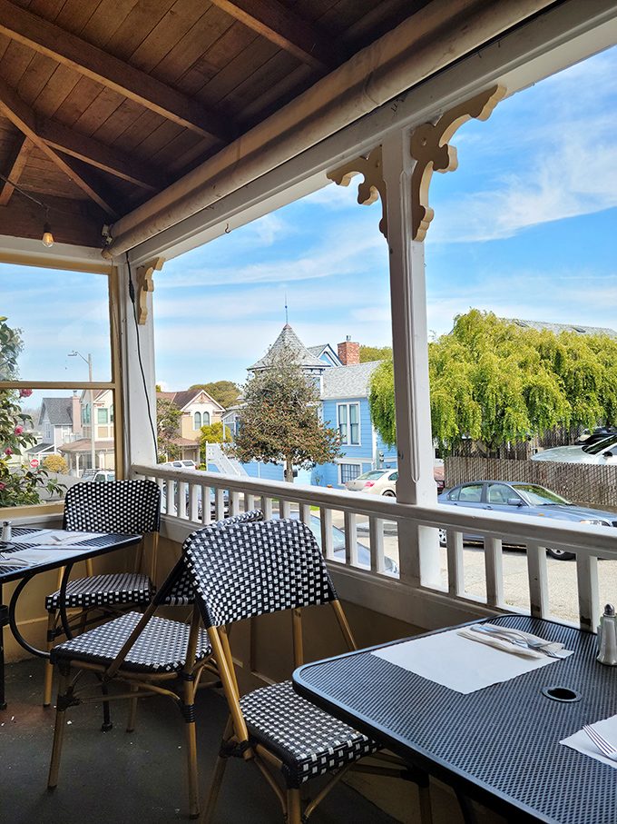 The wraparound porch offers front-row seats to Pacific Grove's parade of Victorian homes&mdash;dining with a side of architectural eye candy.
