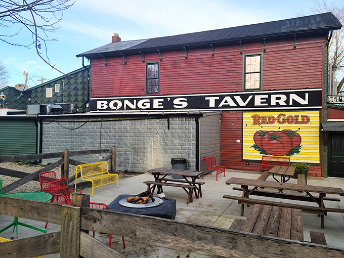 The outdoor tailgating area, complete with benches and fire pit, where the Bonge's experience begins hours before your first bite of prime rib.