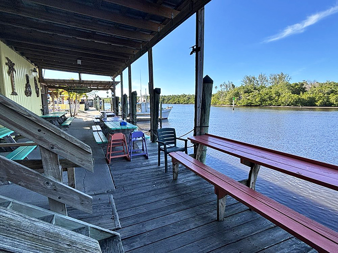 Outdoor seating where you can enjoy your meal while pelicans judge your eating technique&mdash;nature's dinner theater at its finest.