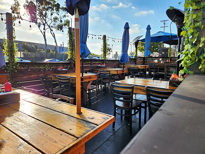 The outdoor patio&mdash;where ocean breezes, cold beers, and seafood dreams come together under the California sun.