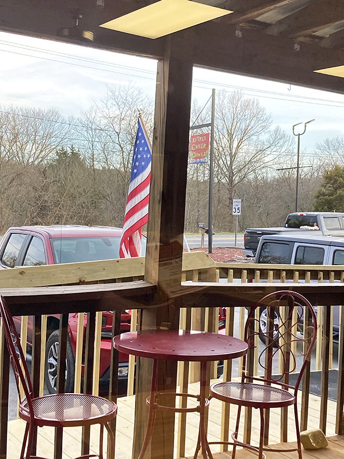 Porch seating with a view of... well, the parking lot. But with food this good, you could be facing a brick wall and still have the best seat in town.